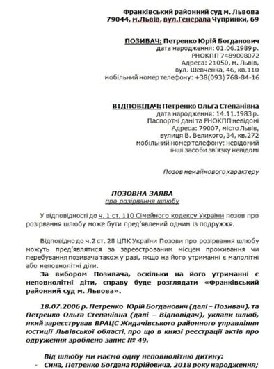 Зразок заяви про розірвання шлюбу