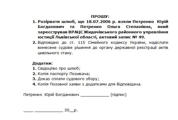 Зразок заяви про розірвання шлюбу